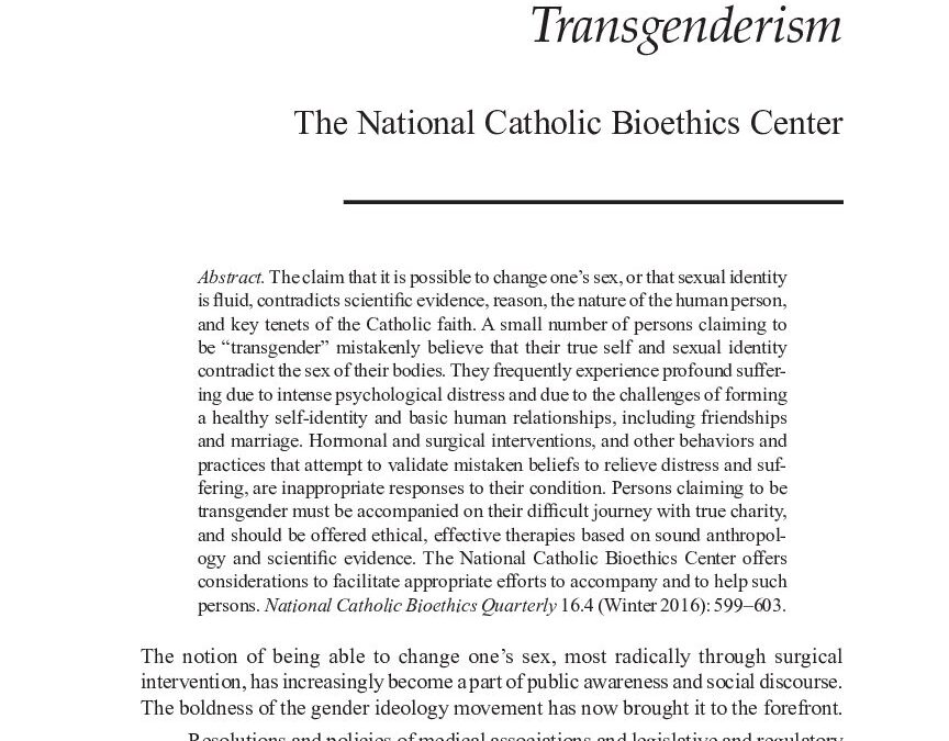 32 Brief Statement on Transgenderism | Catholic Benefits Association